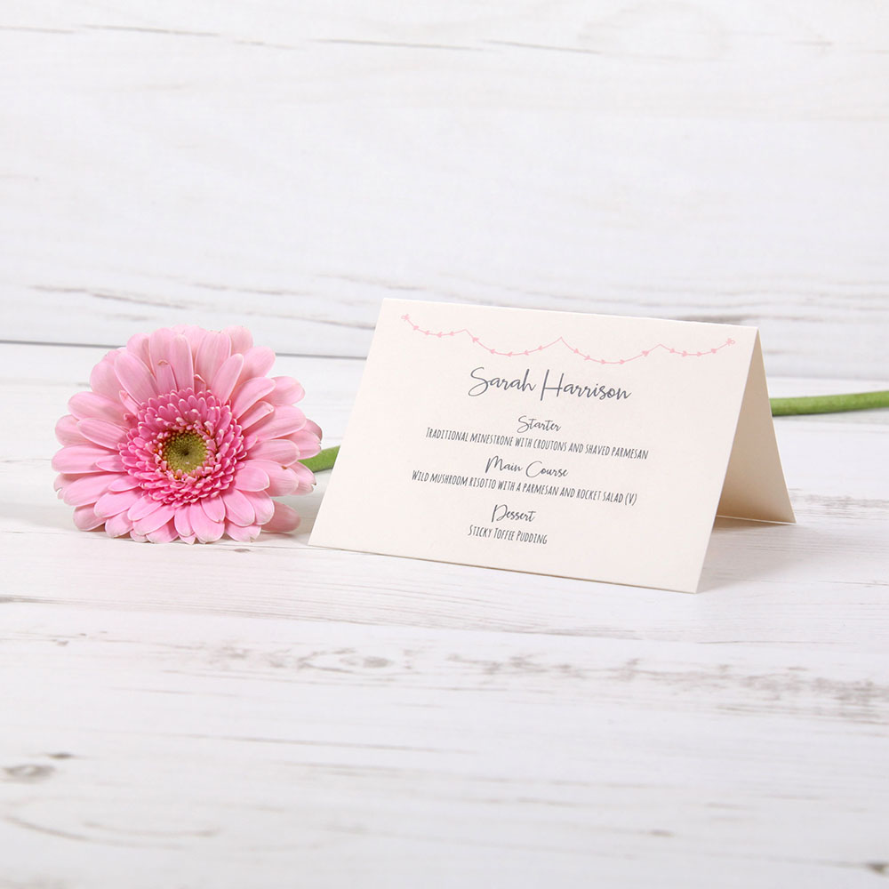 Pink Heart Bunting Menu Place Card by Vintage Prints